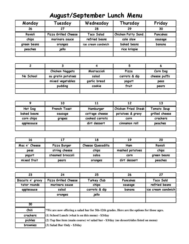 Lunch Menu | Westfair Christian Academy - Jacksonville IL